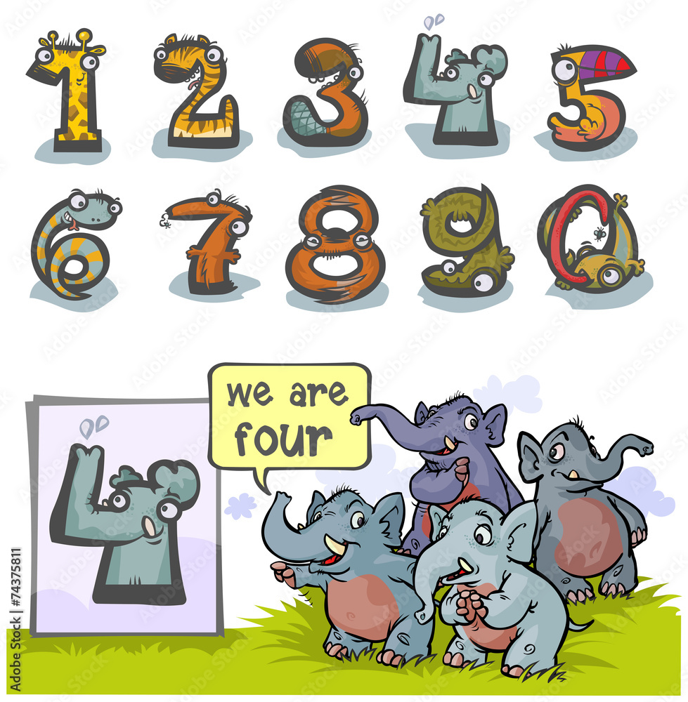Cartoon Animal Numbers. With number Four as Elephants. Stock ...