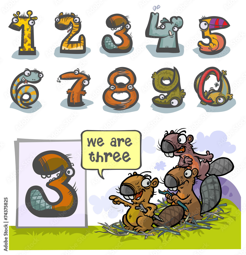 Cartoon Animal Numbers. With number Three as Beavers. Stock ...