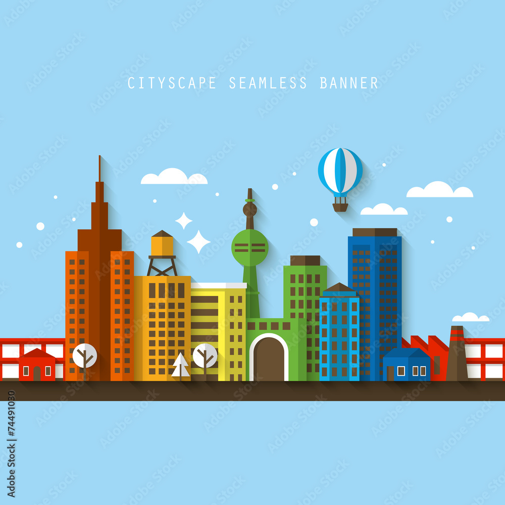Cityscape seamless banner with flat modern icons Stock Vector | Adobe Stock