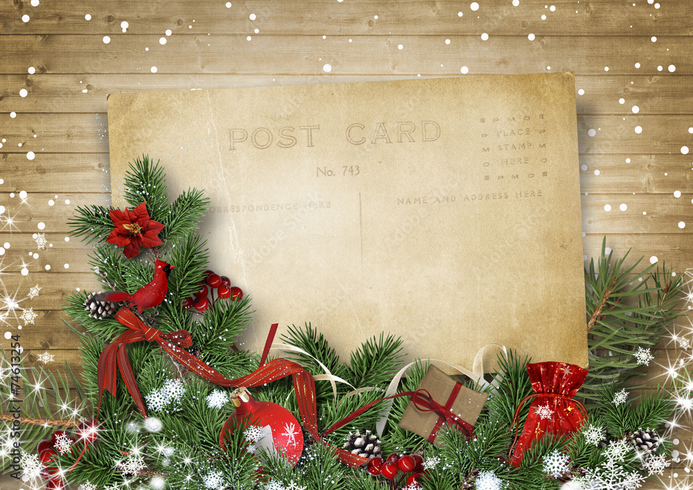 Vintage Christmas background with old postcard and firtree Stock Photo ...