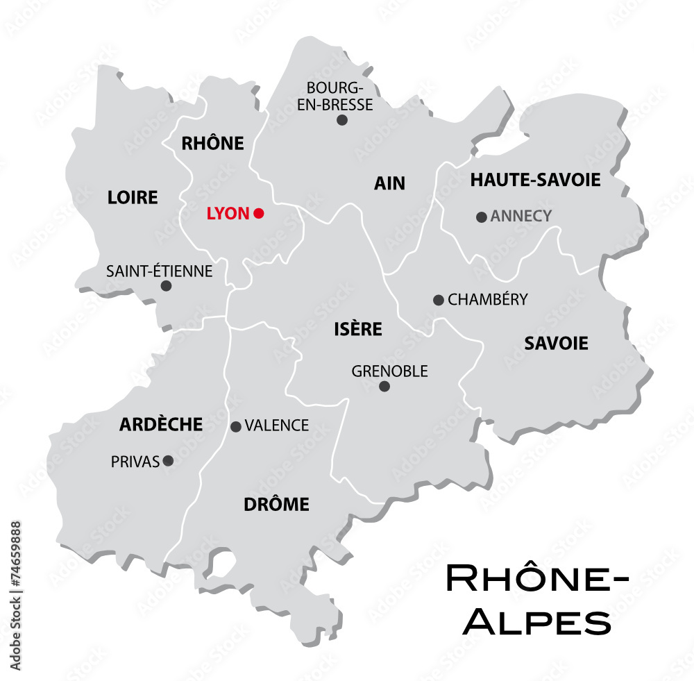 simple administrative map of Rhone-Alpes Stock Vector | Adobe Stock