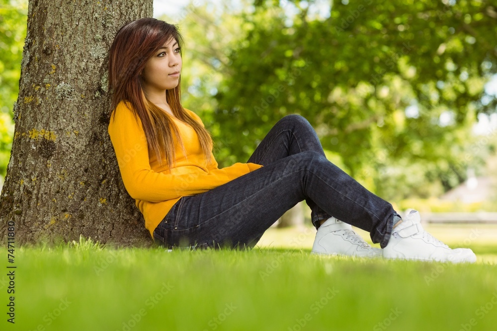 Beautiful woman sitting against tree in park Stock Photo | Adobe Stock
