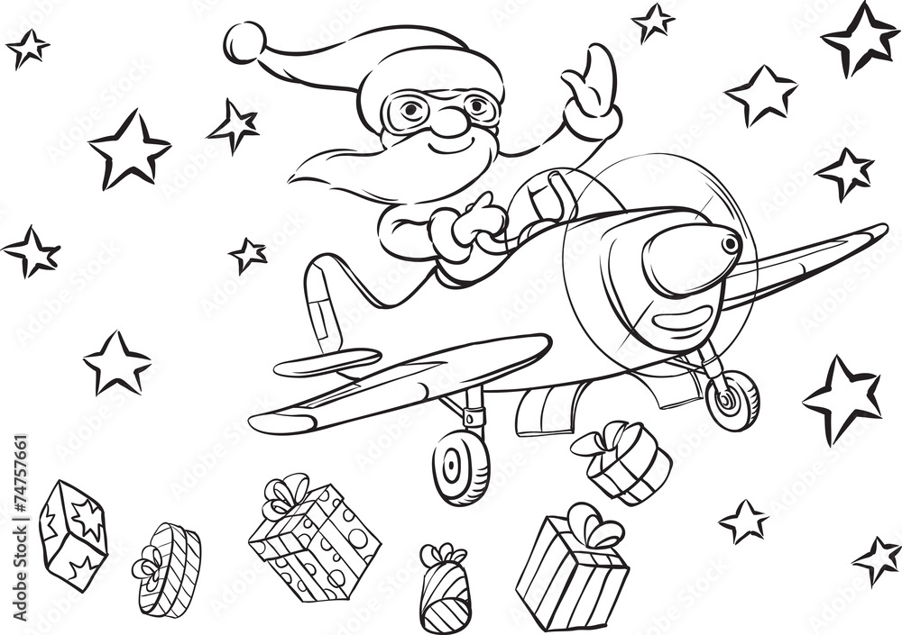 Coloring Book Santa flying on plane Stock Vector | Adobe Stock