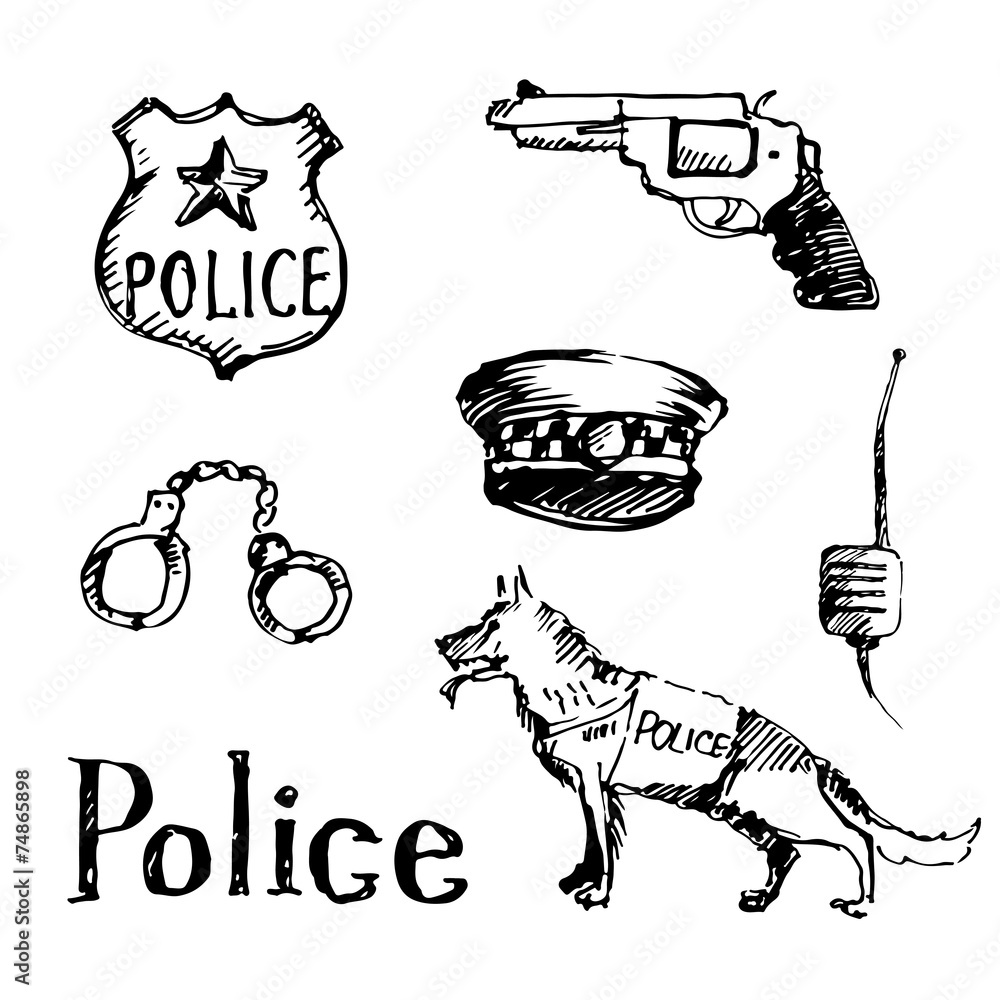 Set of hand drawn police symbols. Vector illustration. Stock Vector ...