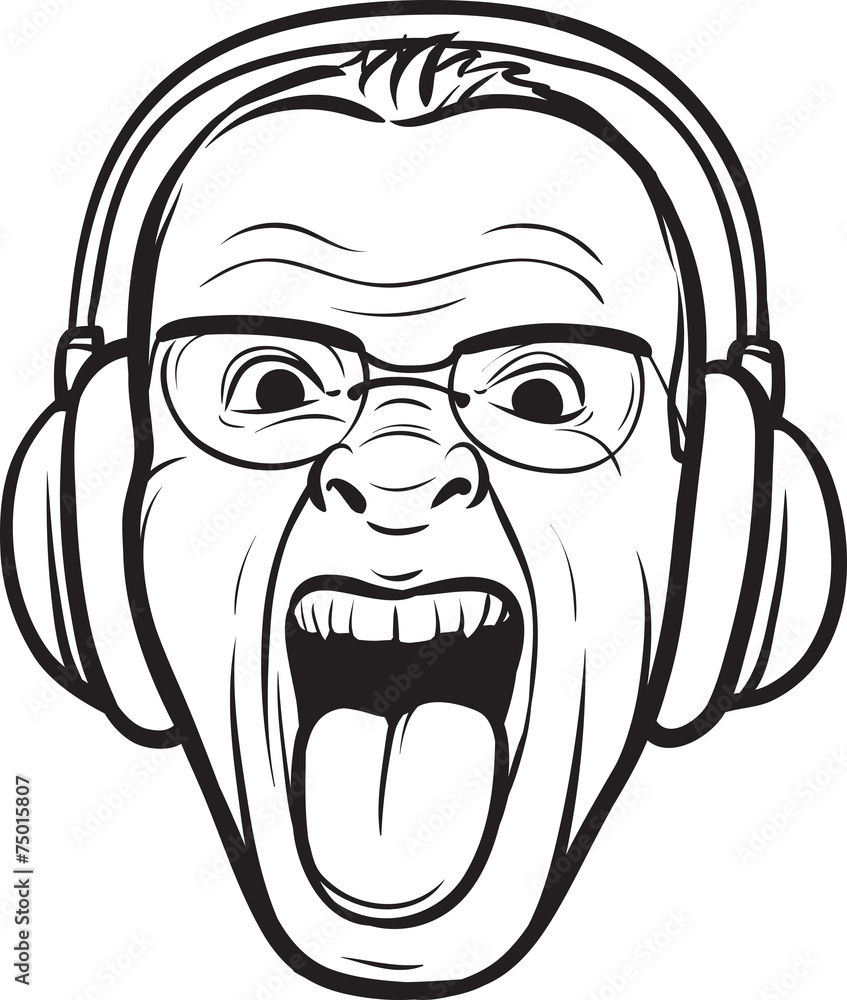 whiteboard drawing - mad face sticking tongue with headphones Stock ...