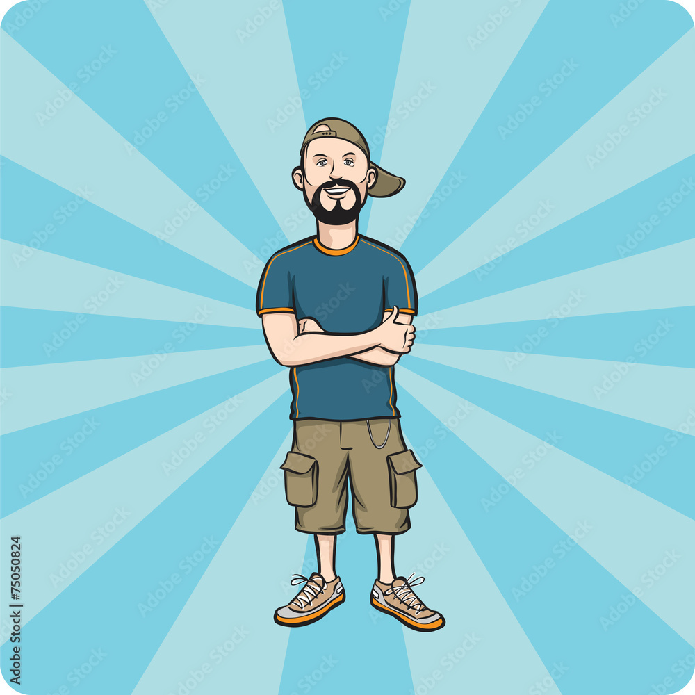 Cartoon bearded guy in baseball cap and shorts Stock Vector | Adobe Stock
