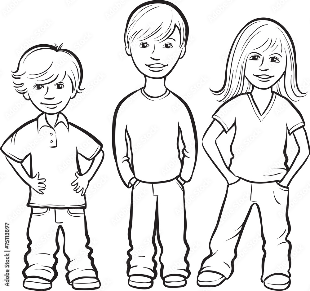 whiteboard drawing - three happy kids standing Stock Vector | Adobe Stock