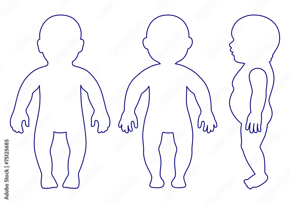 Full length front, side, back view standing, lying baby outlined Stock ...