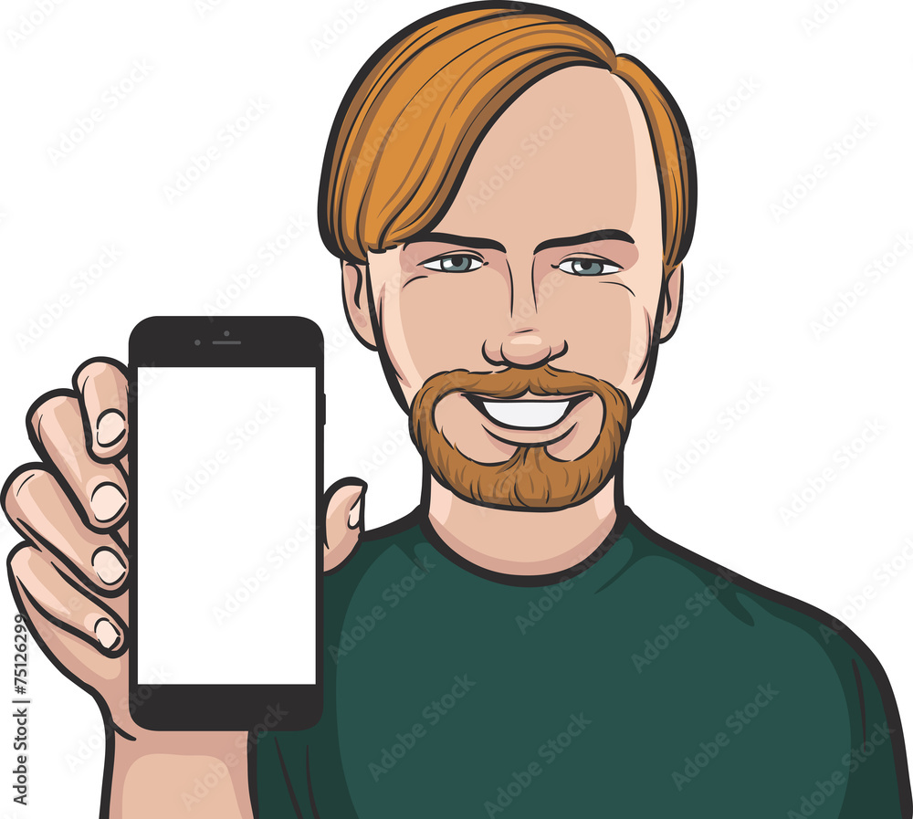 scandinavian man showing a mobile app on a smart phone Stock Vector ...