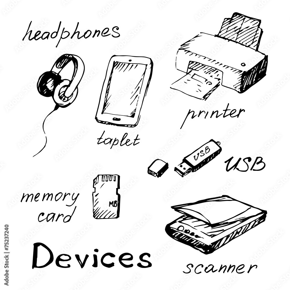 Hand draw computer devices. Stock Vector | Adobe Stock