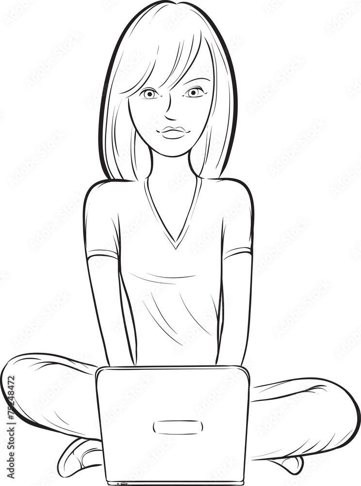 whiteboard drawing - Girl sitting on the floor with laptop Stock Vector ...