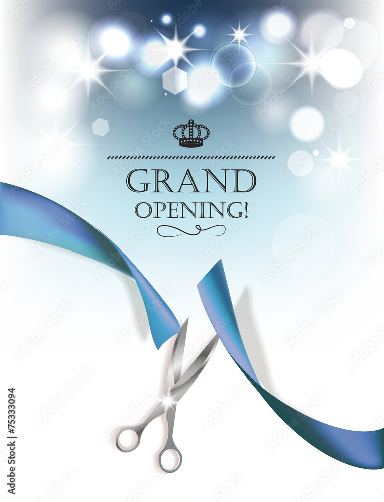Grand opening background with blue ribbon and silver scissors Stock ...