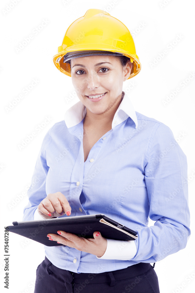 Female engineer holding a tablet computer, isolated on white bac Stock ...