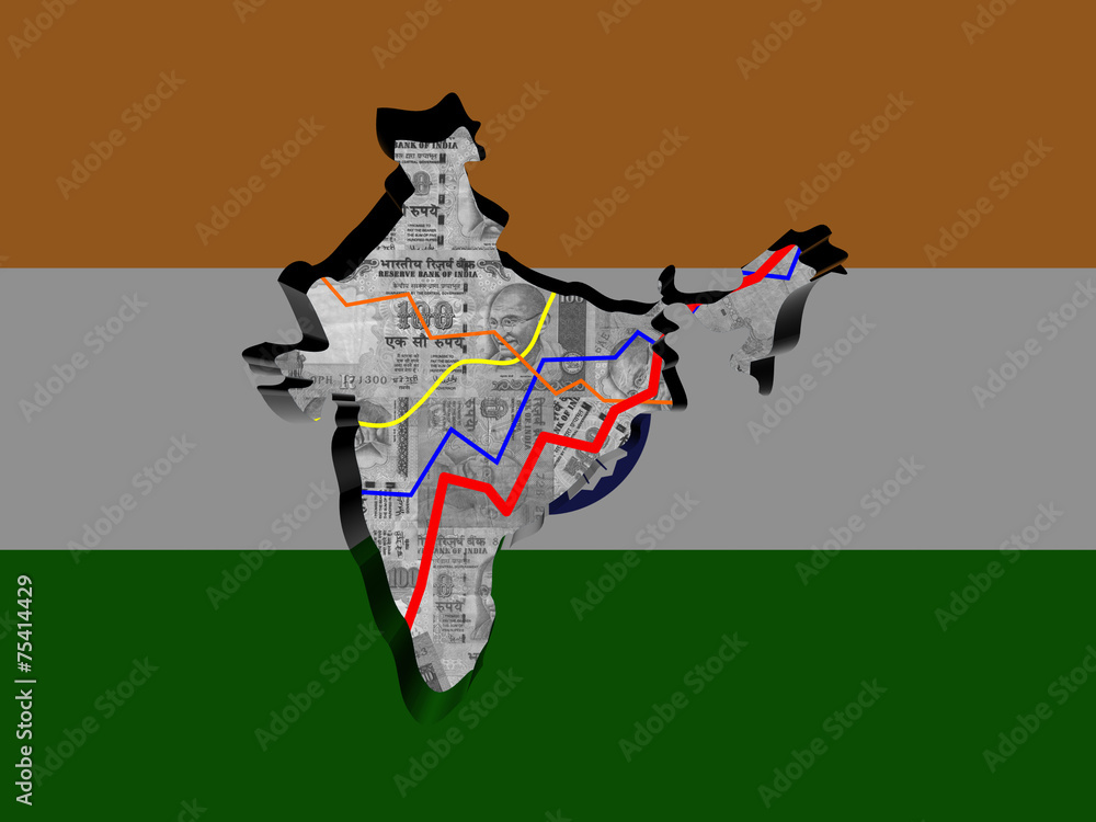 India map with flag and graphs on Rupees illustration Stock ...