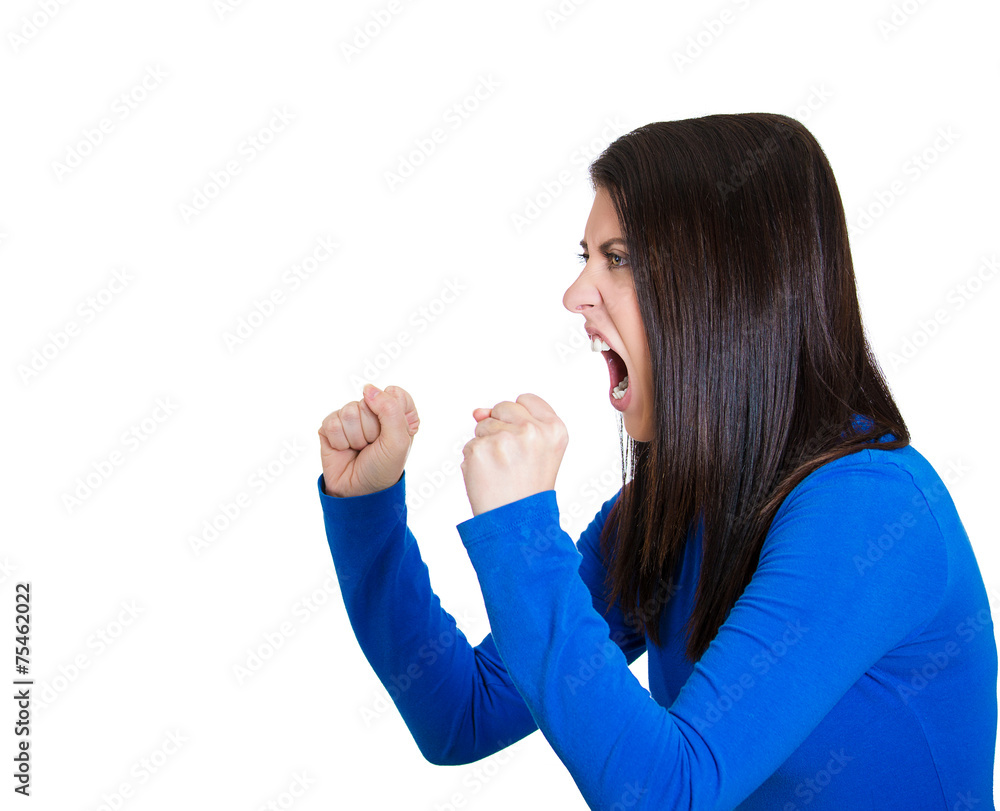 headshot angry young woman screaming arms up in air Stock Photo | Adobe ...