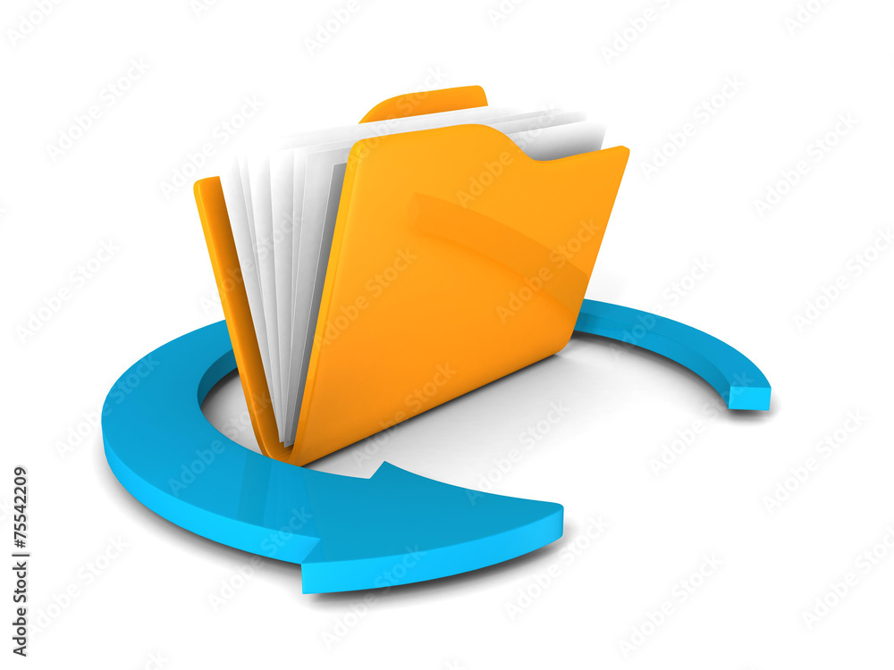 Yellow folder icon with blue round arrow on white Stock Illustration ...