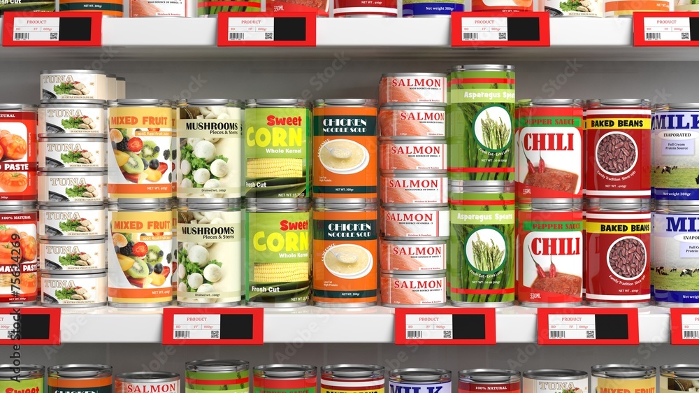 Various 3D can food products on supermarket shelve Stock Illustration ...