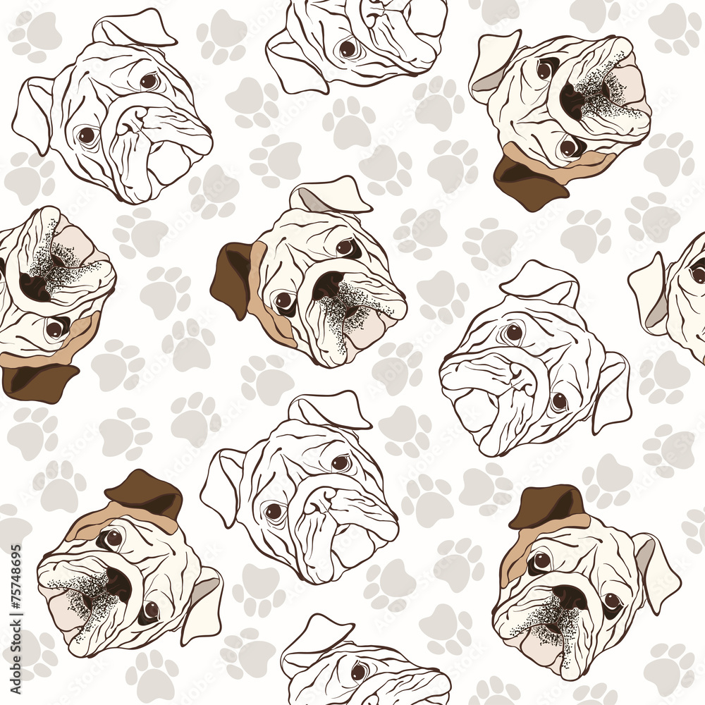 Vector seamless pattern with English Bulldog and traces. Stock Vector ...