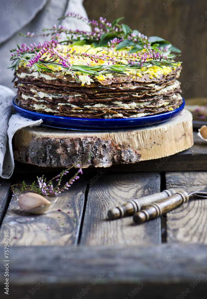 Liver cake with garlic Stock Photo | Adobe Stock
