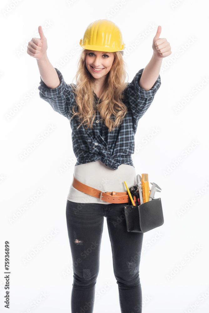 Weiblicher Handwerker mit Werkzeug Stock-Foto | Adobe Stock