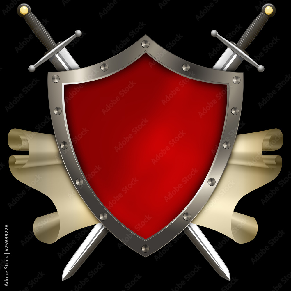 Medieval shield with scroll and swords on black background. Stock ...