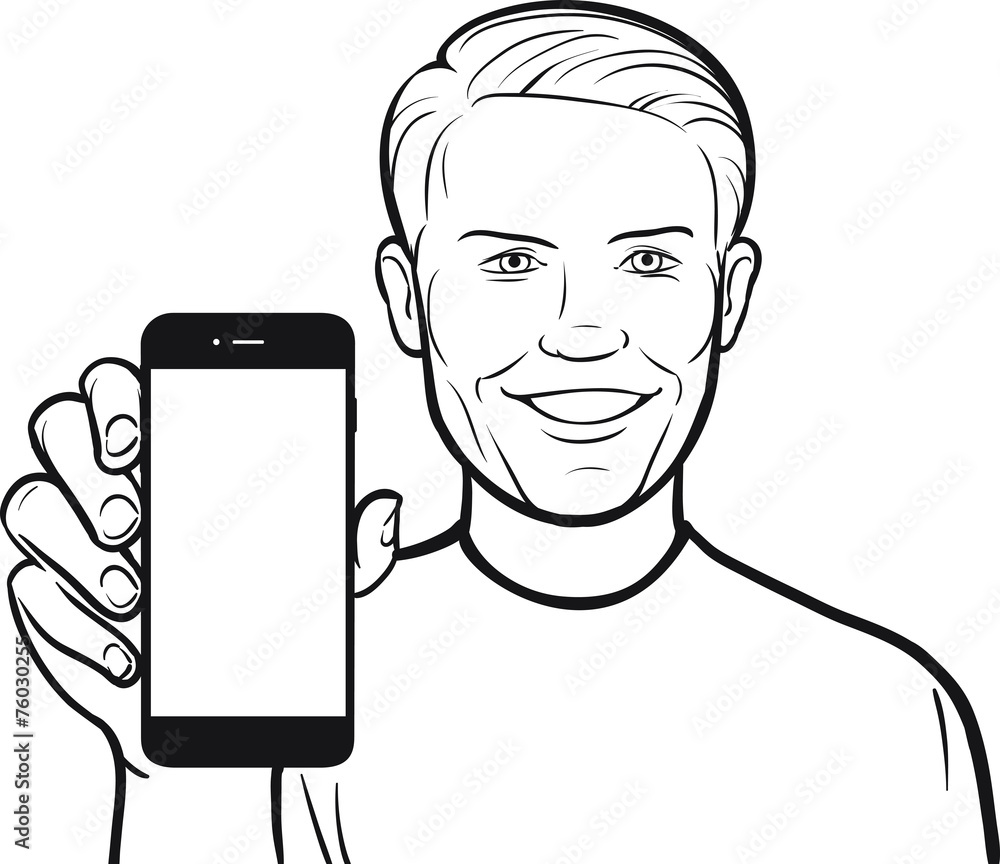 line drawing of a retro man showing a mobile app on a smart phon Stock ...