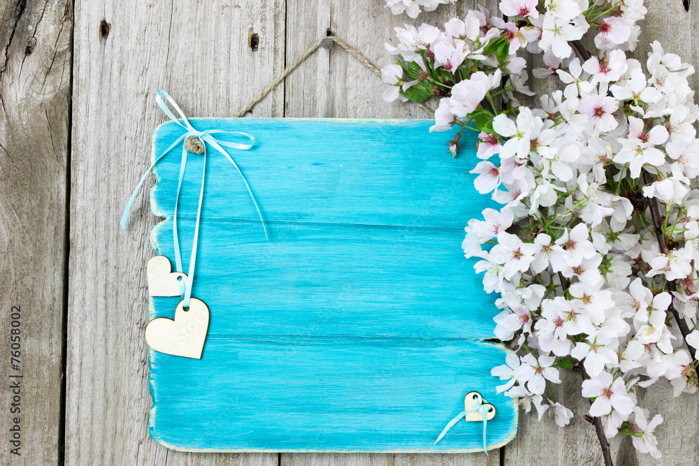 Blank blue sign with spring tree blossoms Stock Photo | Adobe Stock