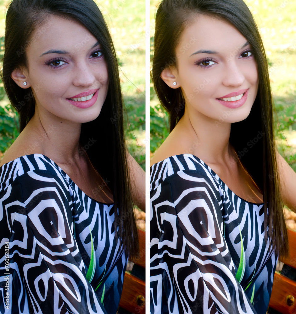 Portrait of girl before and after retouching with photoshop. foto de ...