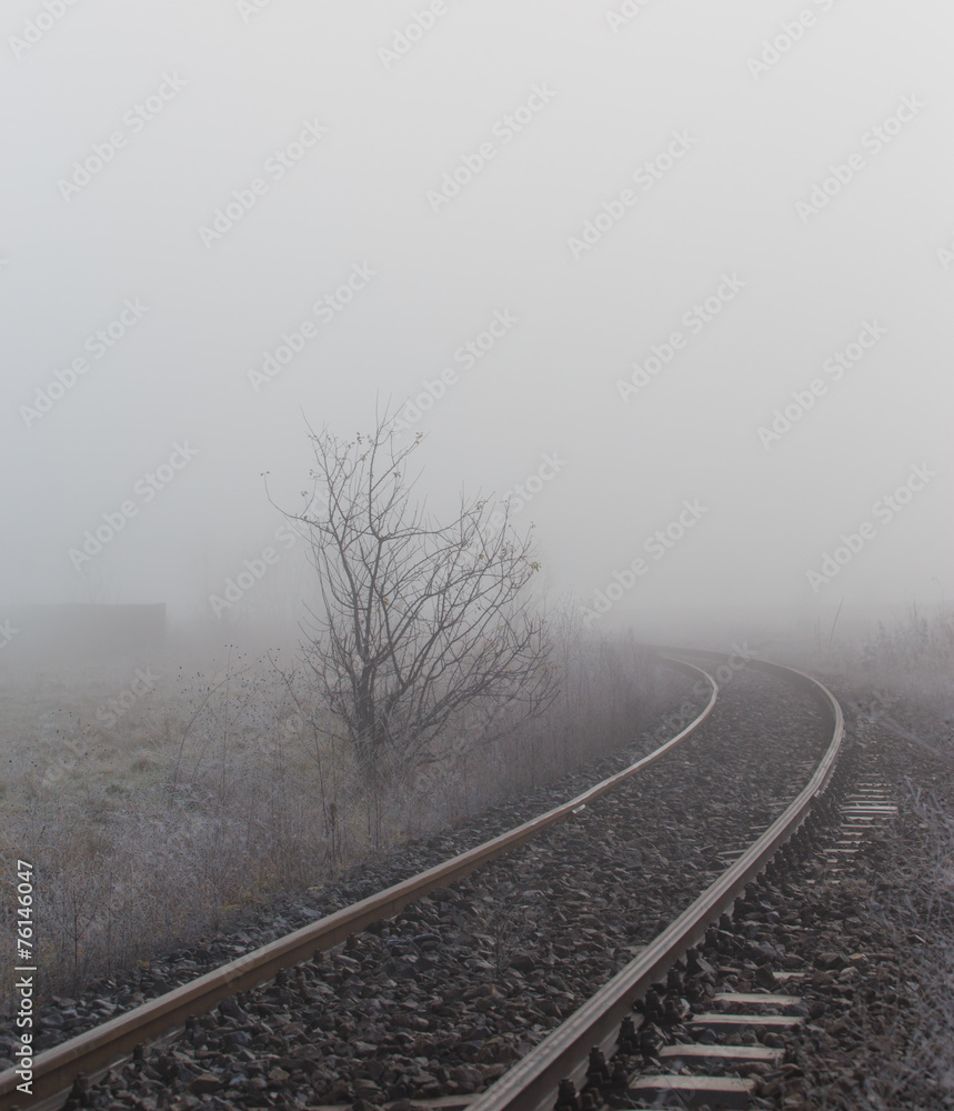 Railroad tracks in the fog Photos | Adobe Stock