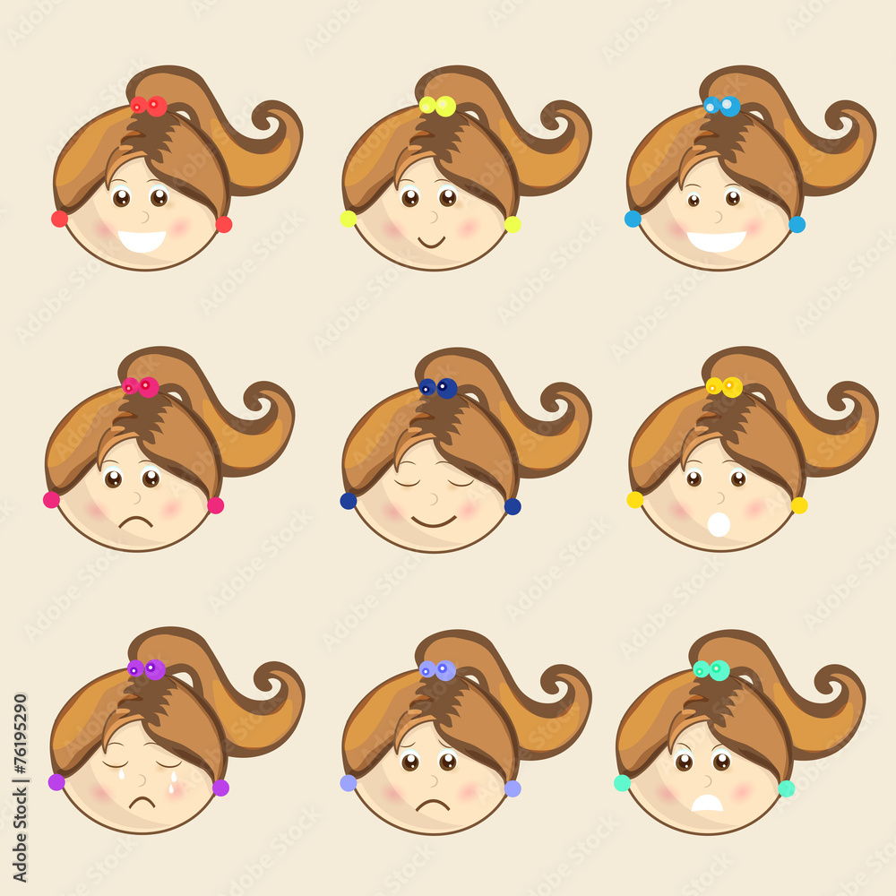 Cute girl cartoon with different facial expressions. Stock Vector ...