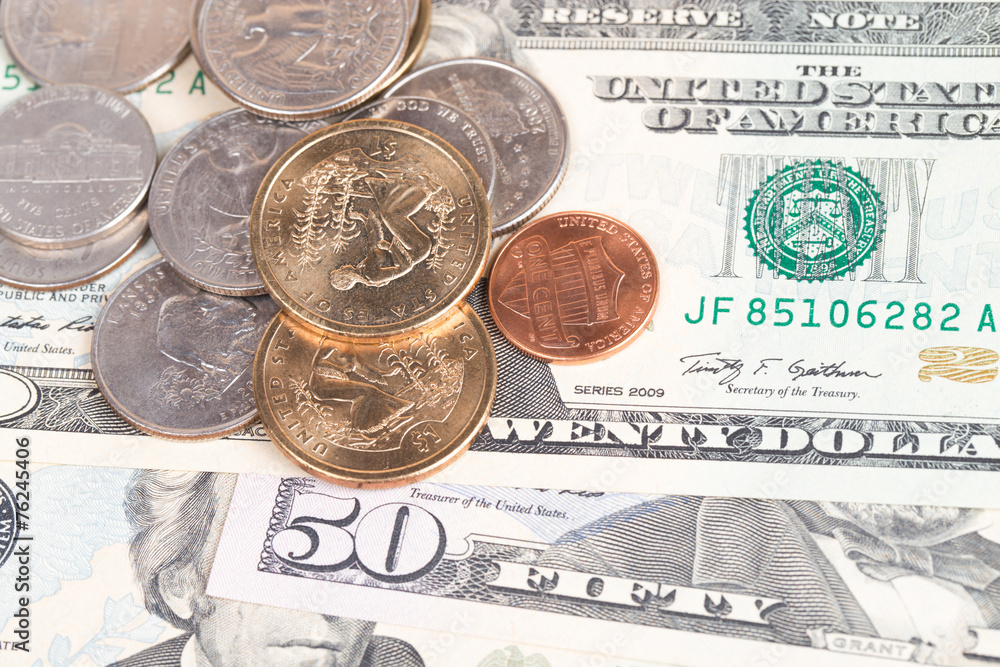 US coins on US banknotes close up Stock Photo | Adobe Stock