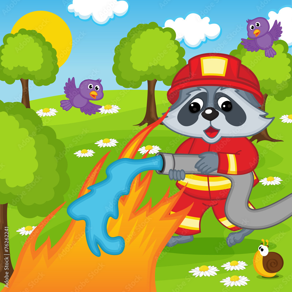 raccoon firefighter extinguishes fire in forest - eps Stock Vector ...