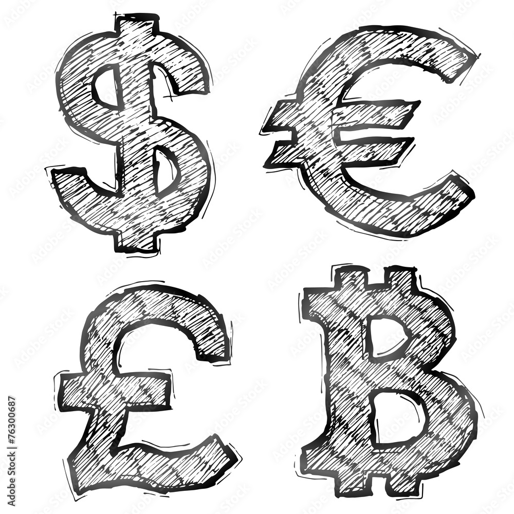 Hand drawn money symbols with hatching. Sketch of currency signs Stock ...