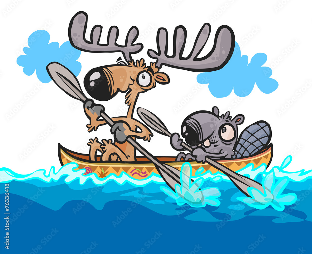 Cartoon Moose and Beaver friendly characters on canoe. Stock Vector ...