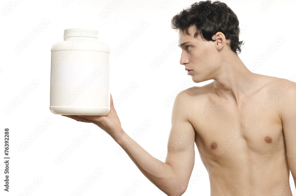 Skinny man training, drinking a protein shake, taking steroids Stock ...