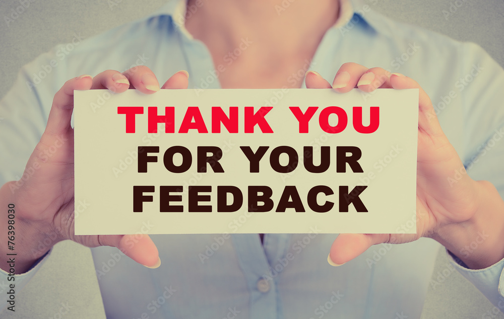 Businesswoman hands card Thank you for your feedback message Stock ...
