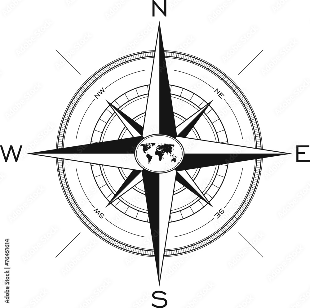 Windrose mit Weltkarte Stock-Vektorgrafik | Adobe Stock