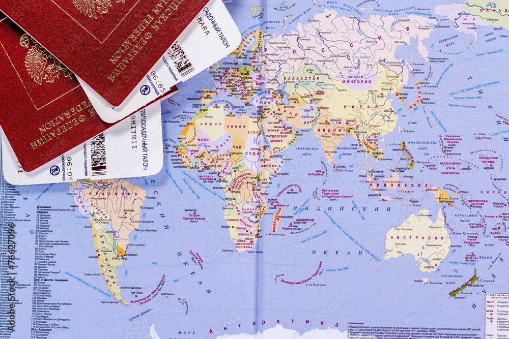 open world map with passports and tickets Stock Photo | Adobe Stock