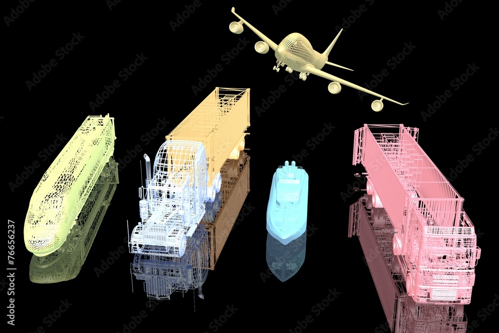 Types of transport. 3d model on black background Stock Illustration ...