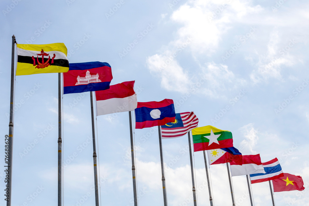 National flags of Southeast Asia nations on blue sky background Stock ...