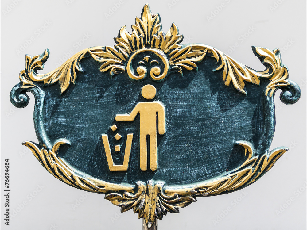 vintage green and gold sign for putting garbage to the trashcan, Stock ...