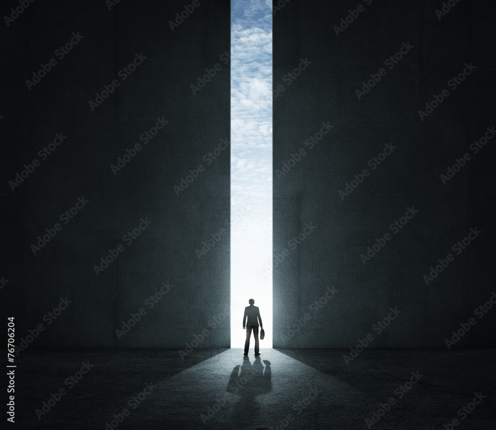 Lonely businessman standing in front of the huge gate Stock Photo ...