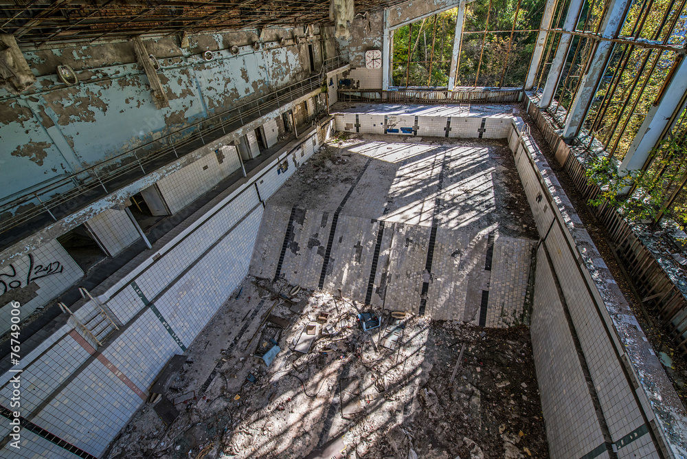 Lazurny (eng. Azure) swimming pool in Pripyat, Chernobyl Zone Stock ...