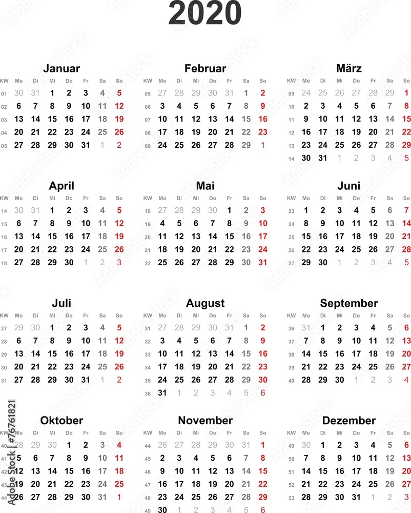 Kalender 2020 universal - ohne Feiertage Stock Vector | Adobe Stock