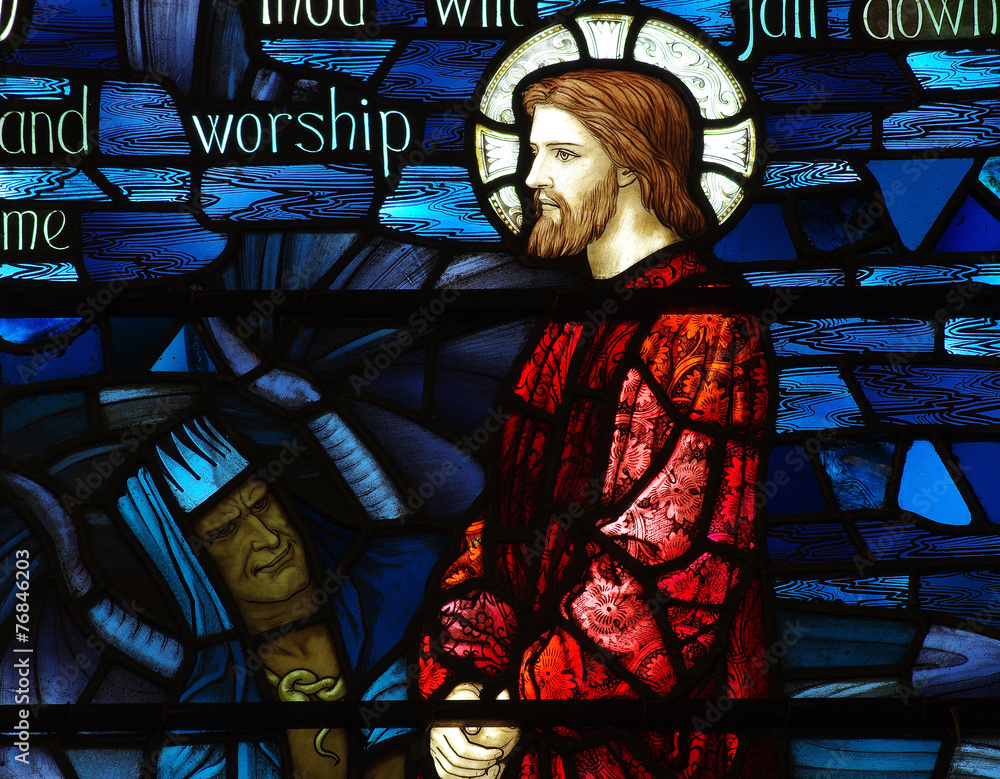 Temptation of Jesus Christ in stained glass Stock Photo | Adobe Stock