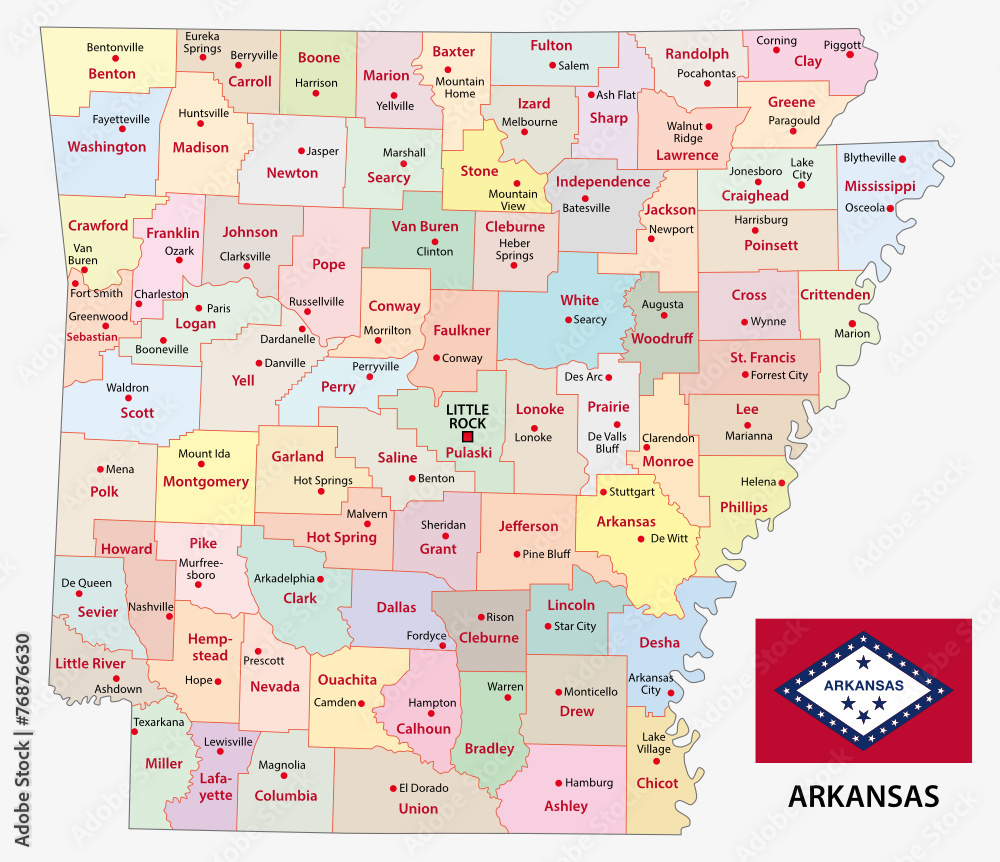 arkansas administrative map with flag Stock Vector | Adobe Stock
