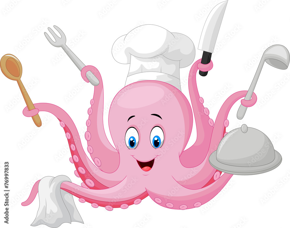 Cartoon octopus chef holding cooking tools Stock Vector | Adobe Stock