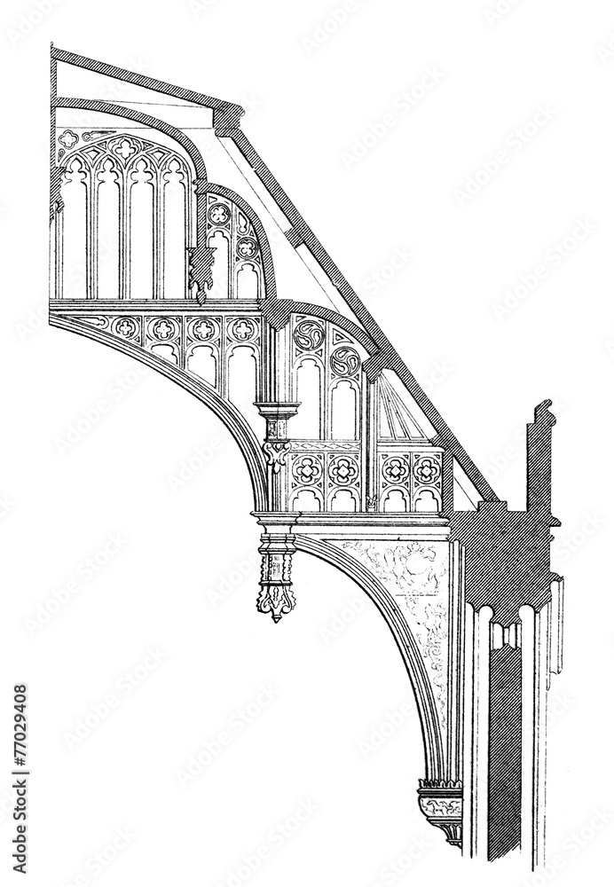 19th century engraving of a section of a flying buttress at Hamp Stock ...