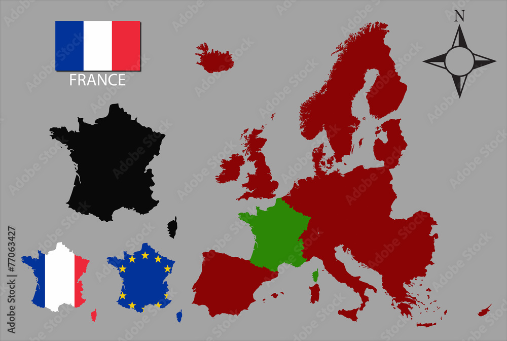 Naklejka francja - trzy kontury, mapa Europy i wektor flag #77063427 ...