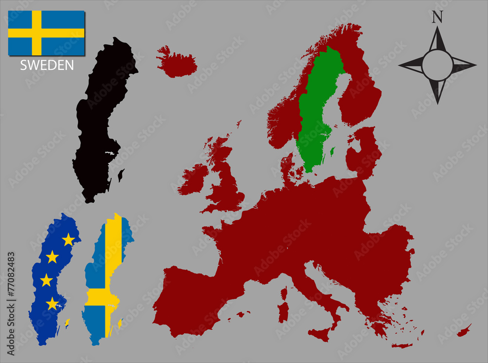 Sweden - Three contours, Map of Europe and flag vector Stock Vector ...